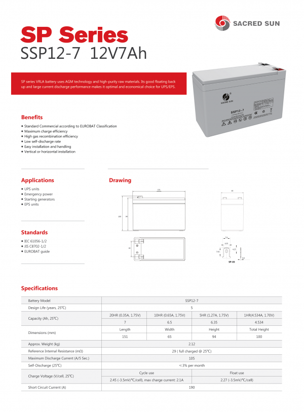Sacred Sun SSP12-7 12V7Ah Battery - IHT Smart Technology