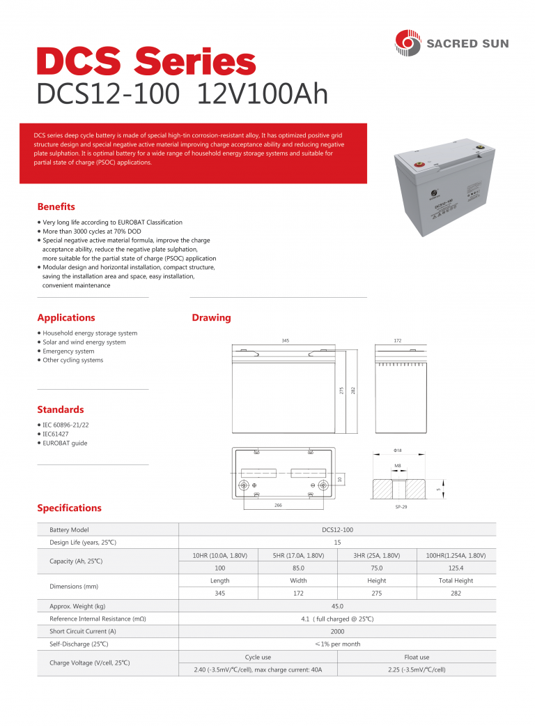 Sacred Sun DCS12-100 12V100Ah Battery - IHT Smart Technology
