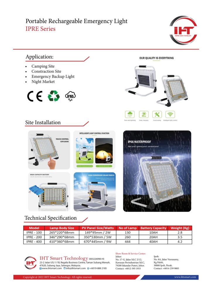 Portable Rechargeable Emergency Light IPRE Series - IHT Smart Technology